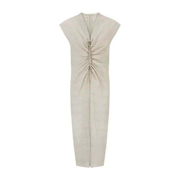 THE SUMMER EDIT Neutrals Remi Luxe Linen Drawstring Dress Natural - Black