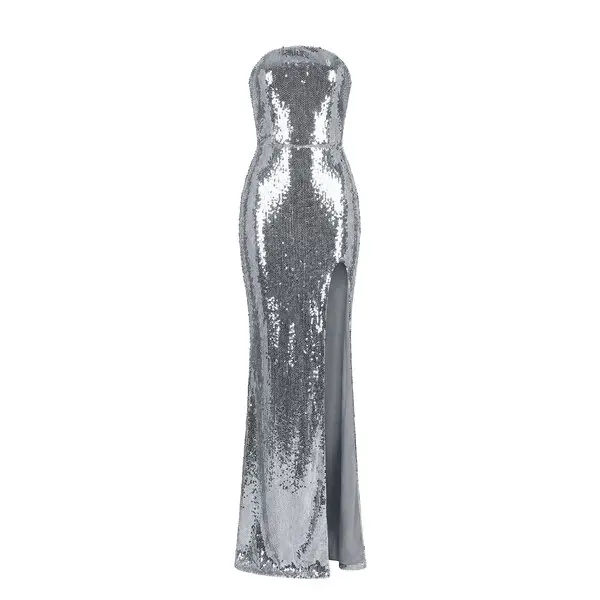 MODA GLAM Cyrene Strapless Sequin Gown - Silver