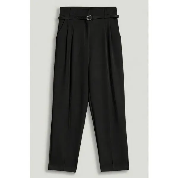 NOCTURNE Belted Pleat Front Tapered Trousers - Black