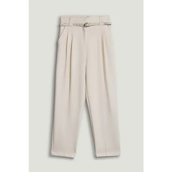 NOCTURNE Belted Pleat Front Tapered Trousers - Ivory