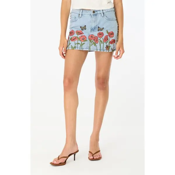 FADE OUT LOUD Charli Floral Embroidered Denim Miniskirt