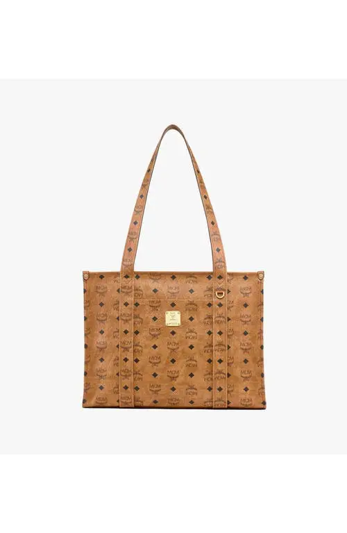 Mcm Large Aren School Bag Tote In Visetos - Cognac