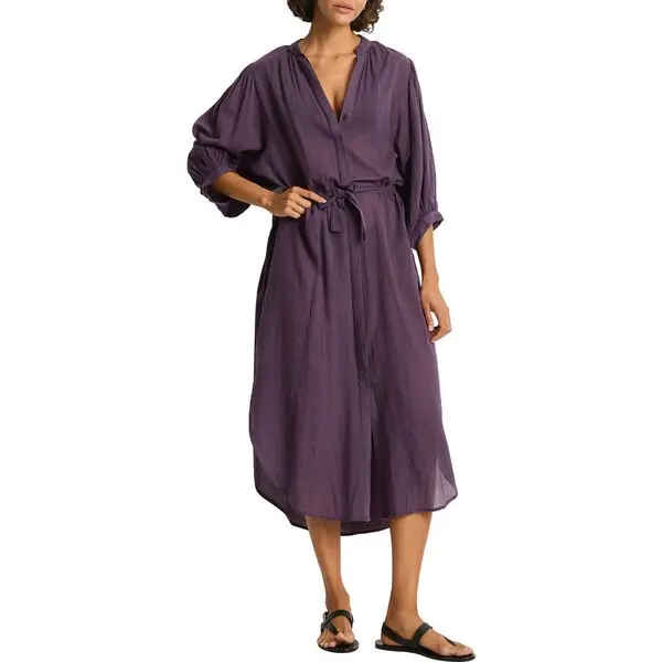 SEA LEVEL Salt Boho Semisheer Cotton Cover-up Shirtdress - Blackberry