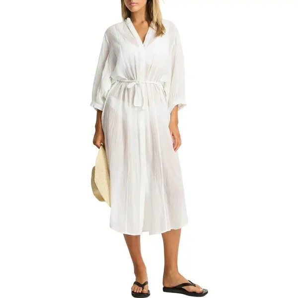 SEA LEVEL Salt Boho Semisheer Cotton Cover-up Shirtdress - White