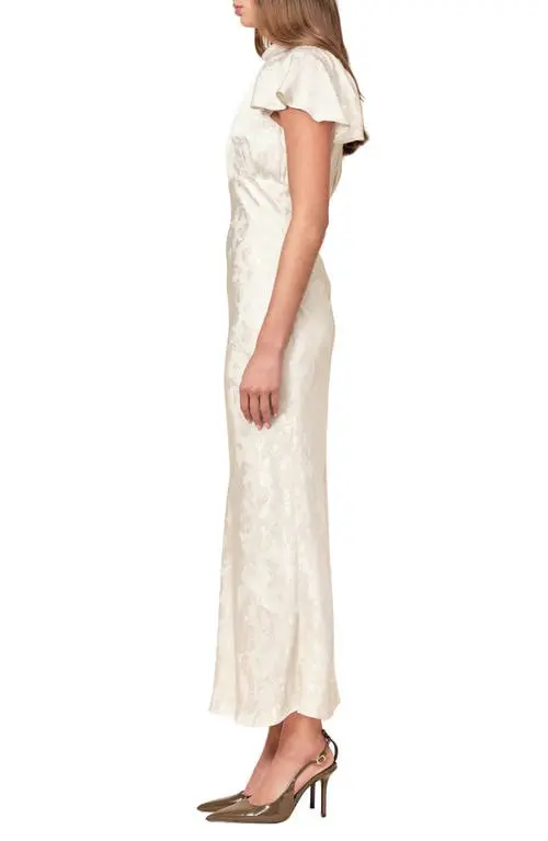 MAUDE CLUB Cherie Mock Neck Flutter Sleeve Floral Burnout Midi Dress