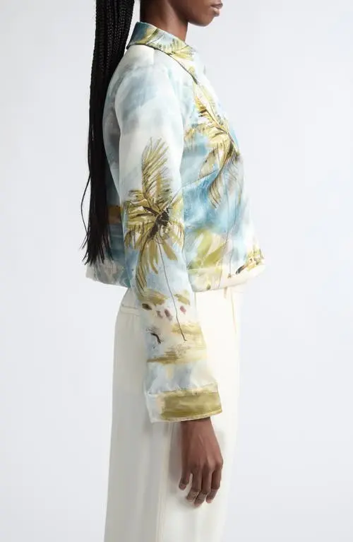 Oscar De La Renta Dominican Landscape Crop Satin Jacket - Blue Green Mult