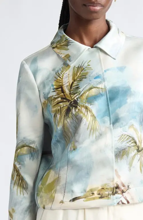 Oscar De La Renta Dominican Landscape Crop Satin Jacket - Blue Green Mult
