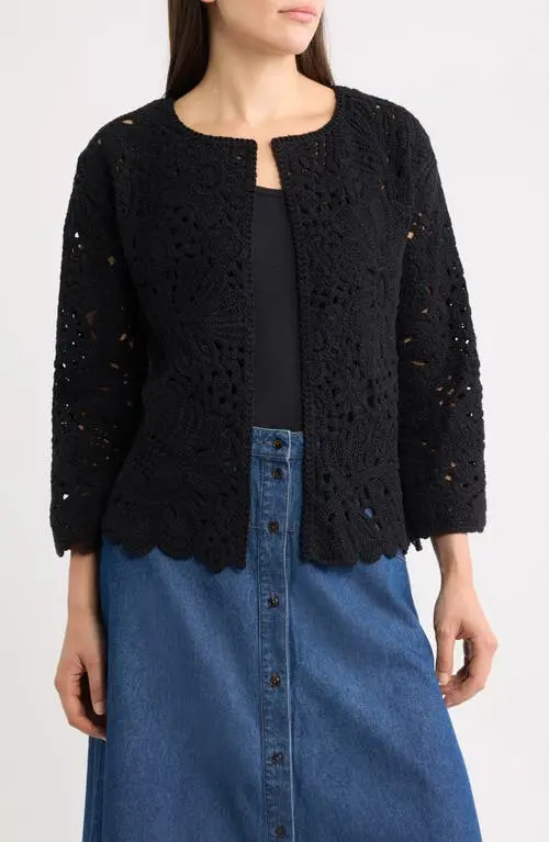 Anne Klein Openwork Floral Cotton Cardigan With Scalloped Trim - Anne Black