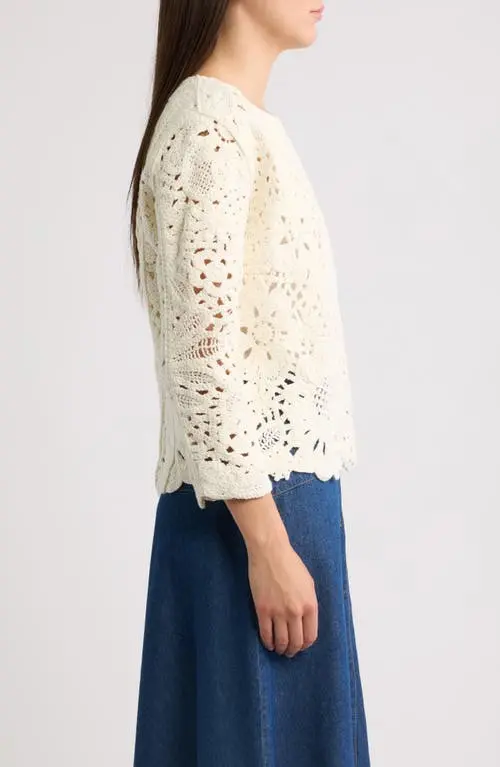 Anne Klein Openwork Floral Cotton Cardigan With Scalloped Trim