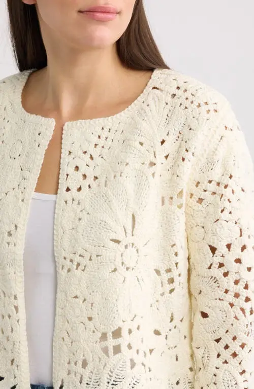 Anne Klein Openwork Floral Cotton Cardigan With Scalloped Trim