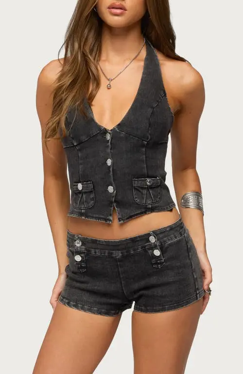 EDIKTED Sashe Denim Halter Top - Black-washed