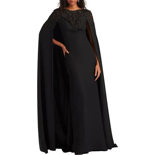 Tadashi Shoji Lace & Crepe Cape Gown - Black