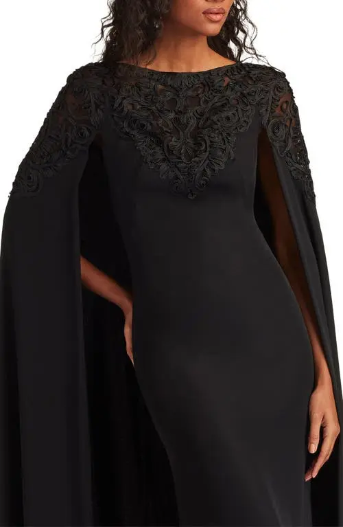 Tadashi Shoji Lace & Crepe Cape Gown
