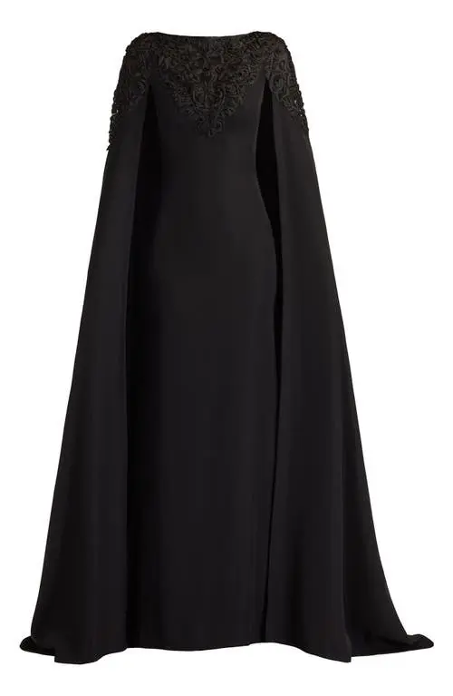 Tadashi Shoji Lace & Crepe Cape Gown