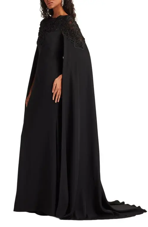 Tadashi Shoji Lace & Crepe Cape Gown