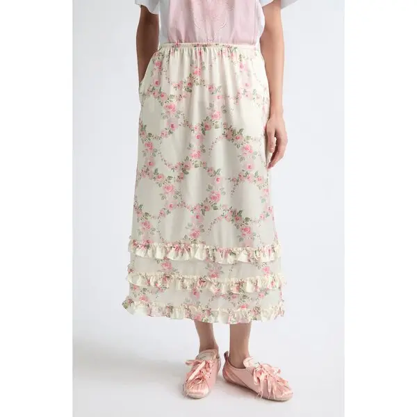 Simone Rocha Floral Ruffle Hem Skirt - Cream