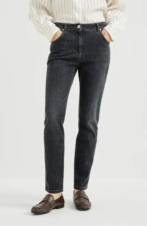 Brunello Cucinelli Stretch Denim Slim Five-pocket Trousers With Shiny Leather Tab - Dark Grey