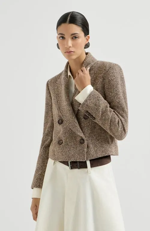 Brunello Cucinelli Sparkling Virgin Wool Chevron Cropped Blazer - Light Brown