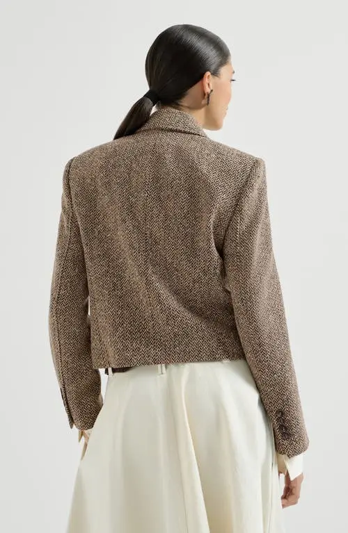 Brunello Cucinelli Sparkling Virgin Wool Chevron Cropped Blazer