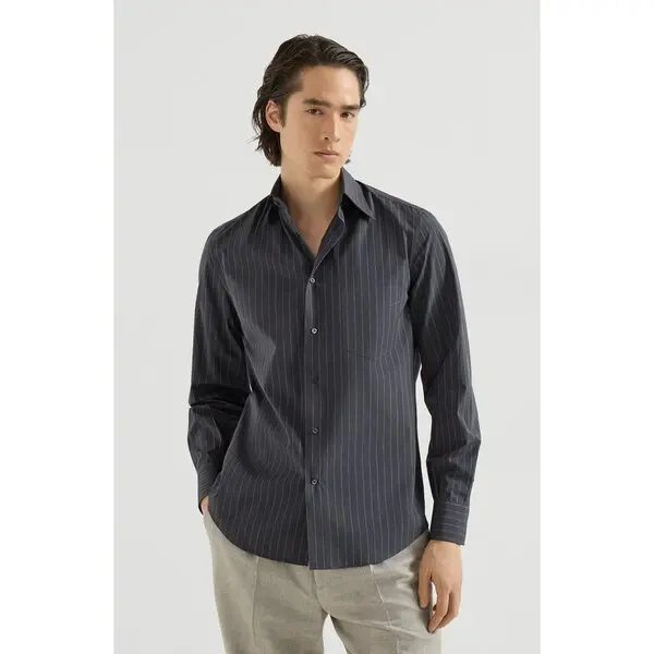 Brunello Cucinelli Double Pinstripe Cotton Shirt With Italian Collar And Chest Pocket - Dark Grey