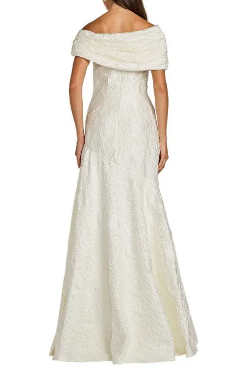 Tadashi Shoji Off-the-shoulder Mermaid Gown With Tonal Floral Patterns