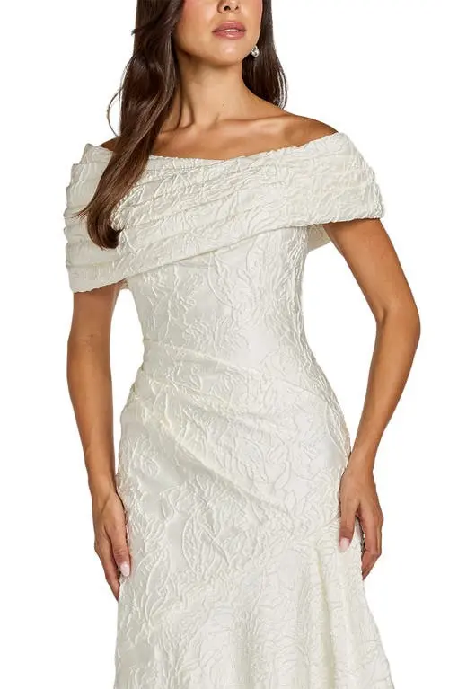 Tadashi Shoji Off-the-shoulder Mermaid Gown With Tonal Floral Patterns
