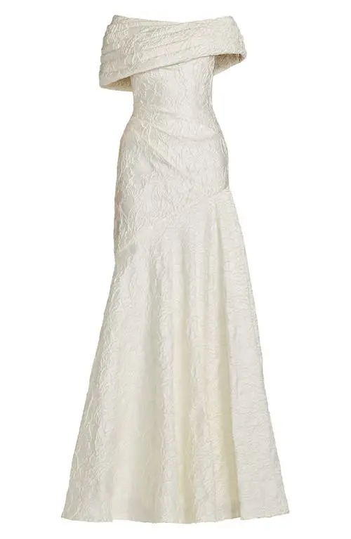 Tadashi Shoji Off-the-shoulder Mermaid Gown With Tonal Floral Patterns
