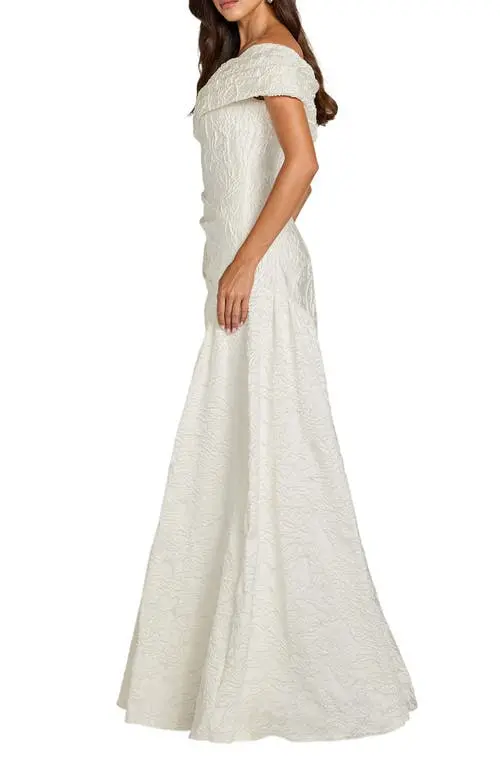 Tadashi Shoji Off-the-shoulder Mermaid Gown With Tonal Floral Patterns