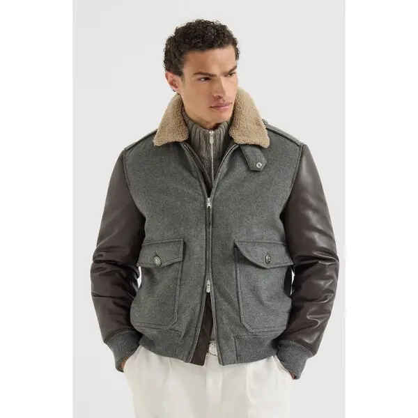 Brunello Cucinelli Bonded Cashmere Beaver Cloth And Nappa Leather Bomber Jacket With Thermore® Padding And Detachable Shearling Collar - Medium Grey