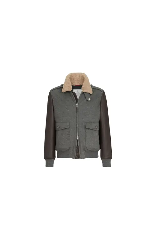 Brunello Cucinelli Bonded Cashmere Beaver Cloth And Nappa Leather Bomber Jacket With Detachable Shearling Collar - Medium Grey
