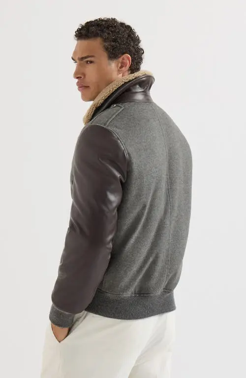Brunello Cucinelli Bonded Cashmere Beaver Cloth And Nappa Leather Bomber Jacket With Detachable Shearling Collar - Medium Grey