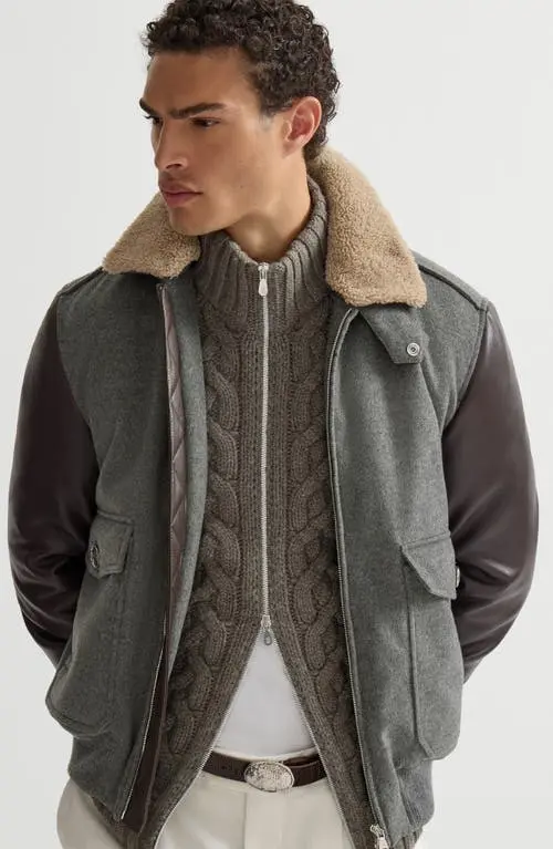 Brunello Cucinelli Bonded Cashmere Beaver Cloth And Nappa Leather Bomber Jacket With Detachable Shearling Collar - Medium Grey