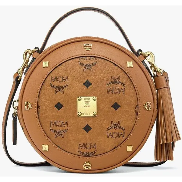 Mcm Small Pina Tambourine Bag In Visetos - Cognac