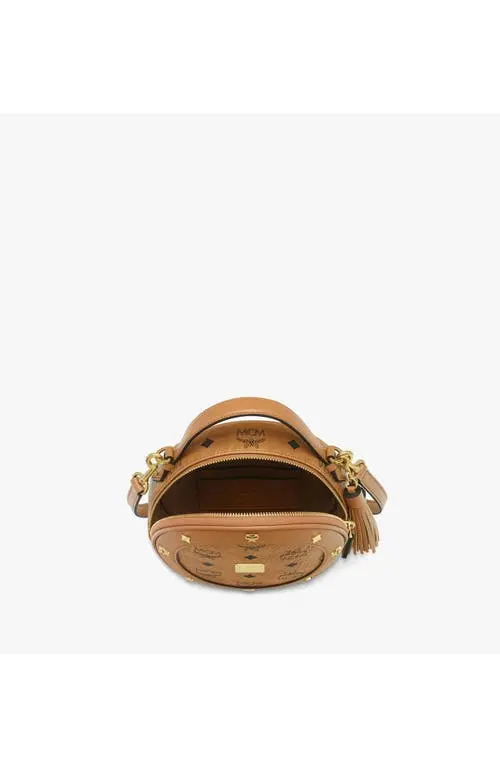 Mcm Small Tambourine Bag In Visetos Monogram Canvas With Studded Trim