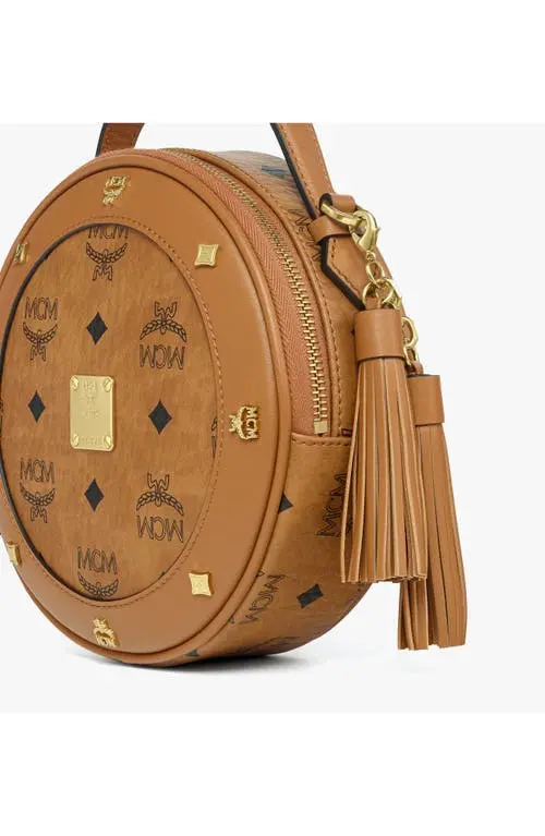 Mcm Small Tambourine Bag In Visetos Monogram Canvas With Studded Trim