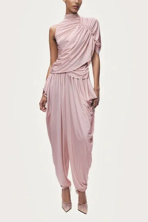 NOCTURNE Asymmetric Sleeve Draped Blouse - Pink