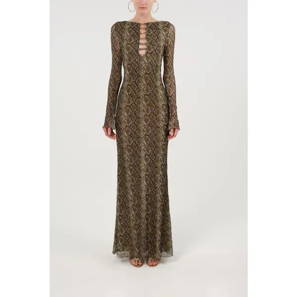 NOCTURNE Snake Print Ring Detail Long Sleeve Maxi Dress - Multi-colored