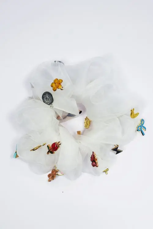 HAIR DRAMA CO Oversized Organza Scrunchie With Charms - White
