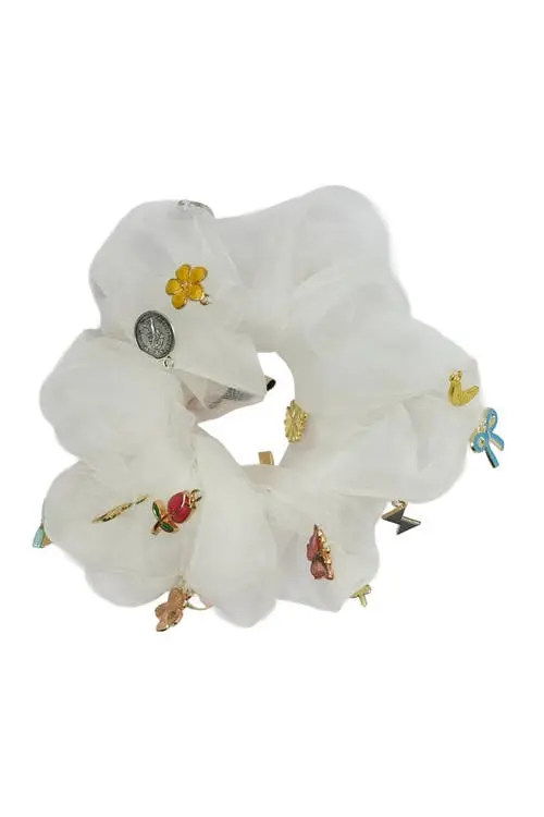 HAIR DRAMA CO Oversized Organza Scrunchie With Charms - White