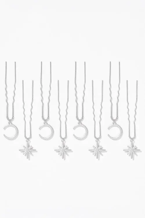 HAIR DRAMA CO Celestia Silver Star & Moon Hair Pinsset Of 8 - Metallic Silver