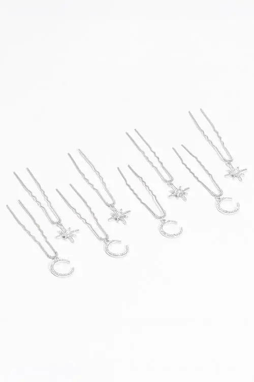 HAIR DRAMA CO Celestia Silver Star & Moon Hair Pins Set Of 8