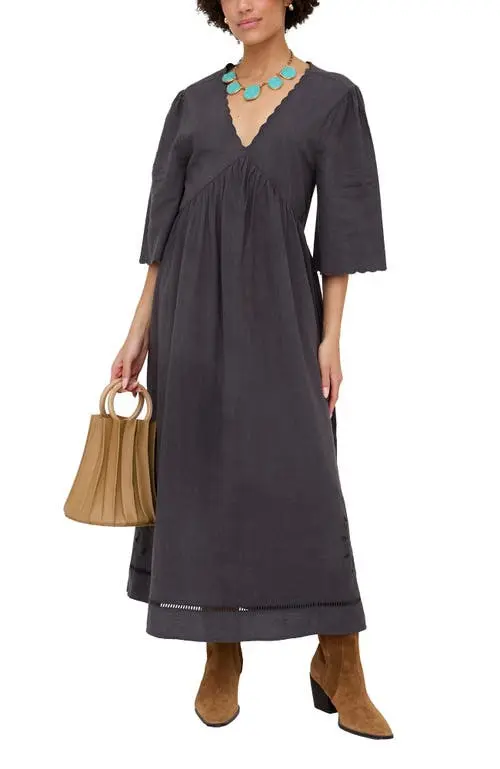 RAFFYA Ibiza Smock Embroidered Midi Dress - Charcoal