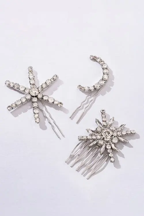 HAIR DRAMA CO Set Of 3 Celestia Crystal Hair Pinssilver - Metallic Silver