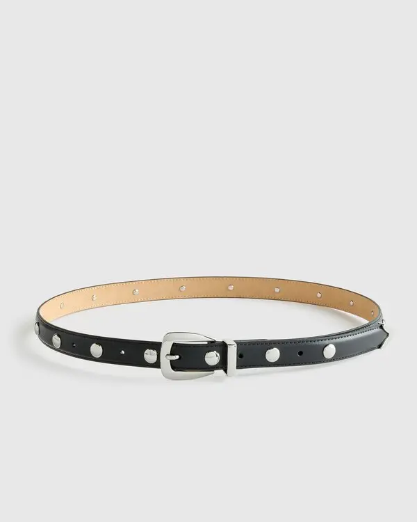 Quince Alyssa European Leather Studded Skinny Belt - Black/silver