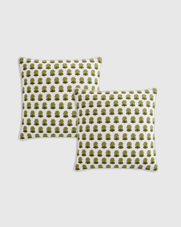 Quince Embroidered Floral Cotton Pillow Cover - Green