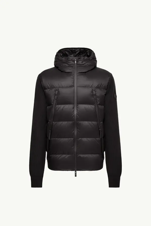 Moncler Wool Padded Zip-up Cardigan With Down-filled Nylon Hood - Black
