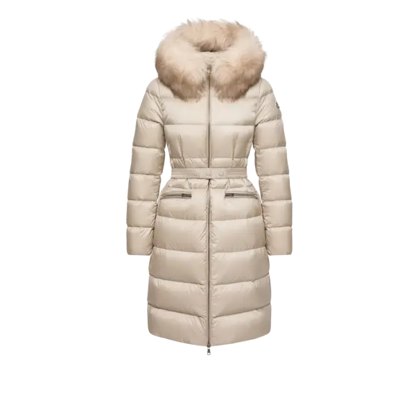 Moncler Boedic Long Down Jacket With Shearling Trim - Beige