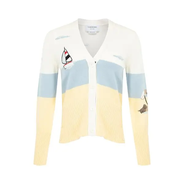 Thom Browne Hand Embroidery Nantucket Scenic Jersey Intarsia Classic Fit V-neck Cardigan - White