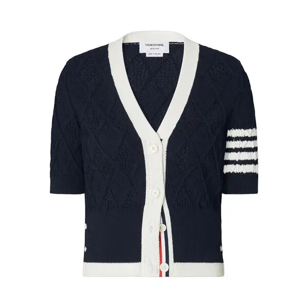 Thom Browne Argyle Pointelle Cable Classic Fit Short-sleeve V-neck Cardigan 'navy - Blue