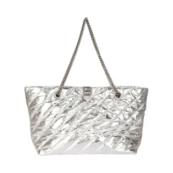 Balenciaga Medium Metallized Quilted Crush Carry All Tote Bag - Silver